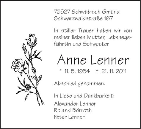 Traueranzeigen Von Anne Lenner Ostalbtrauer
