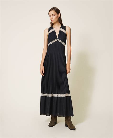 Pleated Long Dress With Lace Woman Black Twinset Milano