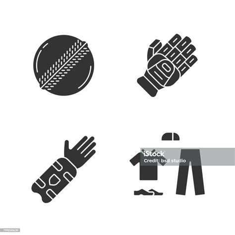 크리켓 챔피언십 글리프 아이콘 세트입니다 스포츠 유니폼 보호 장비 게임 장비 스포츠 활동 팀 게임 스포츠 대회 토너먼트 실루엣 기호입니다 벡터 절연 그림