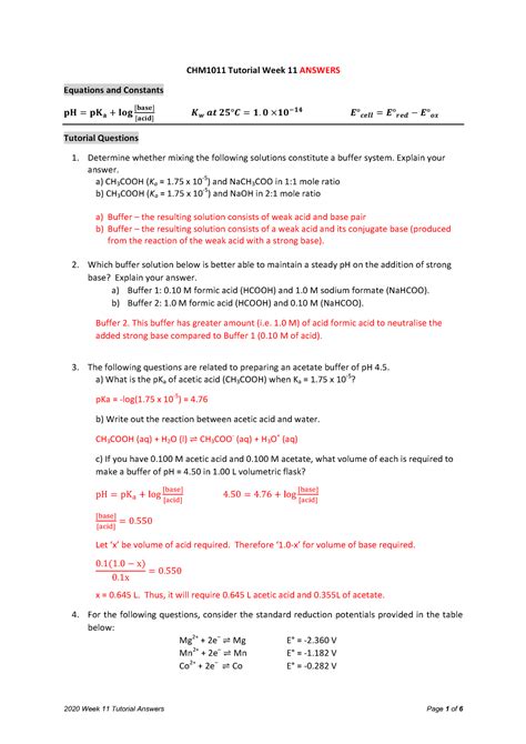 CHM1011 2020 W11 Tutorial Answers V4 CHM1011 Tutorial Week 11 ANSWERS