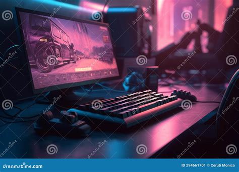 Cyberpunk Desktop With Keyboard And Mouse Stock Illustration