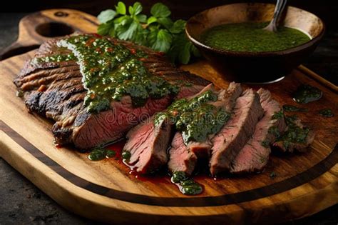 Juicy Flank Steak Grilled To Perfection And Served With Chimichurri