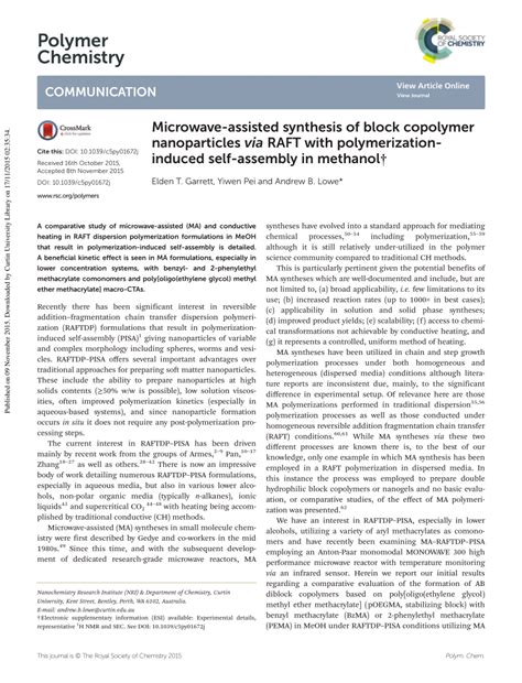 Pdf Microwave Assisted Synthesis Of Block Copolymer Nanoparticles Via Raft With Polymerization
