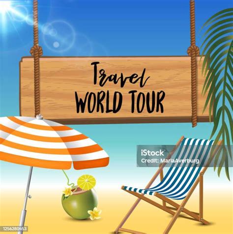 파라솔 체이스 라웅 코코넛 코크테일이 비치 배경에 있는 여행 월드 투어 타이포그래피 비문 사실적인 태양 플레어 3차원 형태에 대한 스톡 벡터 아트 및 기타 이미지 Istock