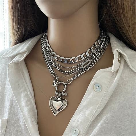 Chunky Multi Layer Silver Necklace For Women In Stainless Steel With