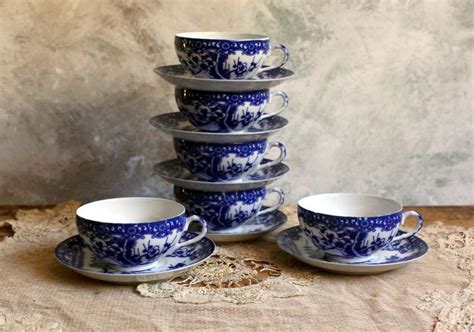 Ensemble De 6 Tasses à Thé Geisha Lithophane Saucers Blue Cherry