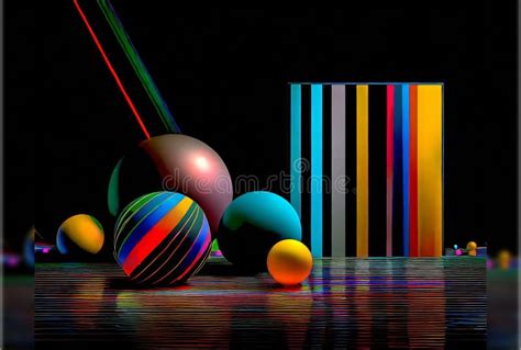 Colorful Abstract Arrangement Of Geometric Shapes And Lines In Vibrant Hues Against A Dark