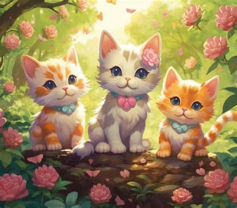 Premium Photo Three Kittens Sitting On A Tree Branch In A Garden