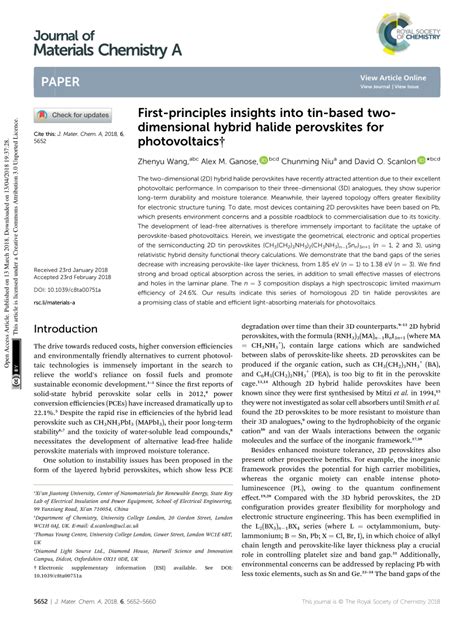 Pdf First Principles Insights Into Tin Based Two Dimensional Hybrid
