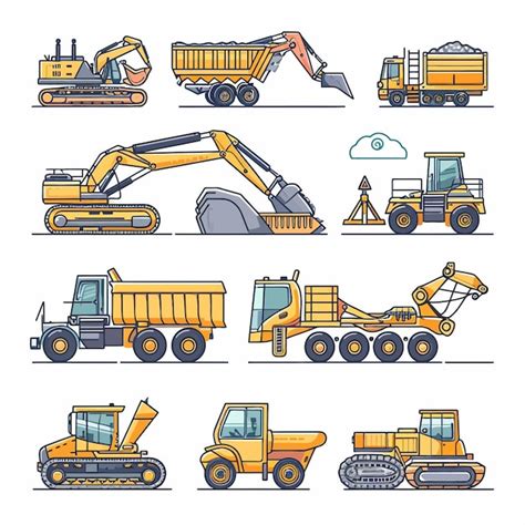 Máquina de construcción excavadora camión pesado y grúa Vector Premium