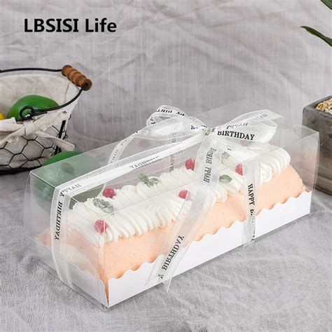 Lbsisi Life 스위스 케이크 포장 상자 투명 플라스틱 롤 박스 직사각형 베이킹 케이크 긴 디저트 베이커리용 리본
