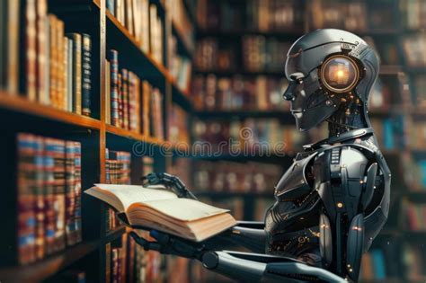 Artificial Intelligence Robot Reading Book In Library Gathering Data