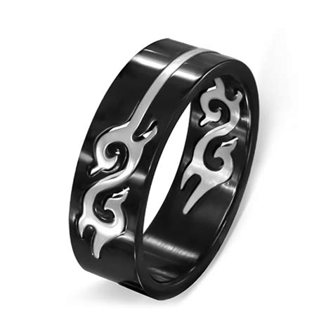 Bague Homme En Acier Noir Tribal