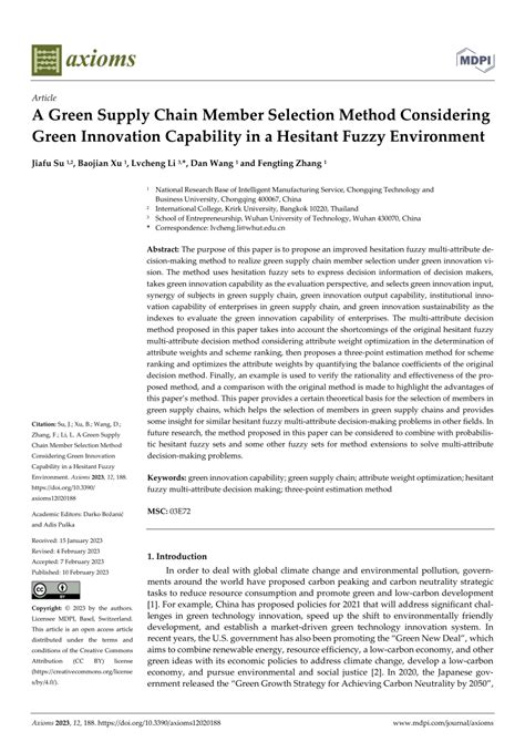 Pdf A Green Supply Chain Member Selection Method Considering Green Innovation Capability In A