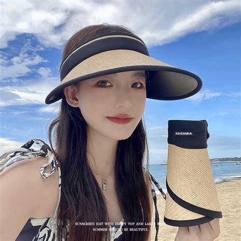 여성용 접이식 빈 빨대 모자 넓은 챙 자외선 차단 태양 모자 야외 바이저 비치 캡 캐주얼 플로피 골프 모자 여름 신상 Aliexpress