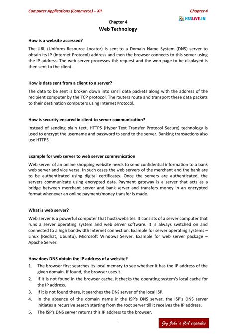Hssli Ve Xii Ca Chapter 4 Web Technology Joy John Chapter 4 Web