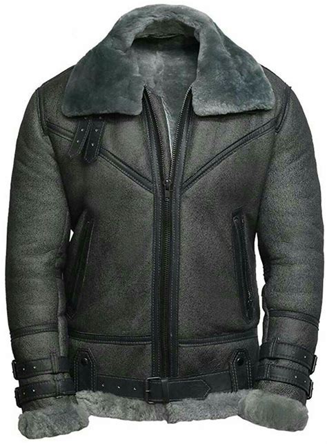 Mens Aviator Raf B3 Black Bomber Fur Shearling Collar Sheepskin Leather