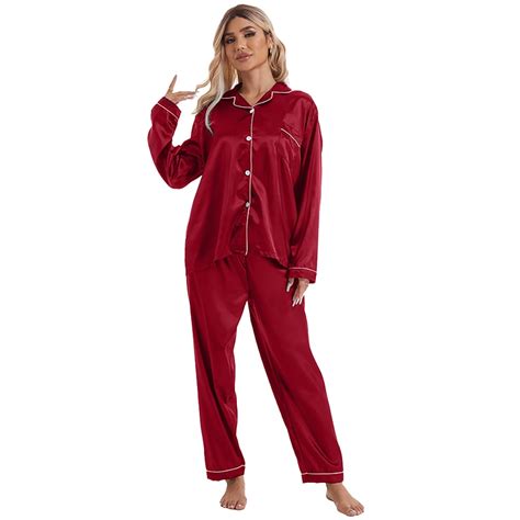 Fjuchai Womens Silk Satin Pajamas Pj Sets Long Sleeve Button Down