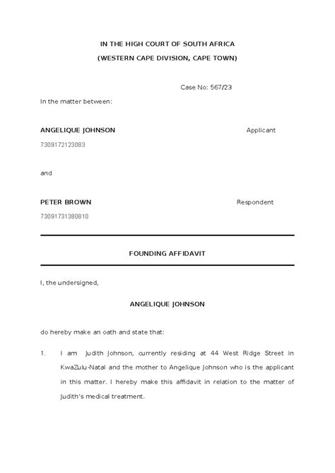 Founding Affidavit Example Case No 567 High Court Sa Studocu