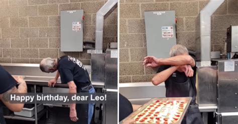 Restaurant Staff Surprises 64 Yo Worker With Birthday Cake He Breaks