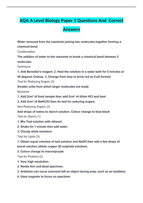 Aqa A Level Biology Paper 1 Questions And Correct Answers Aqa A Level