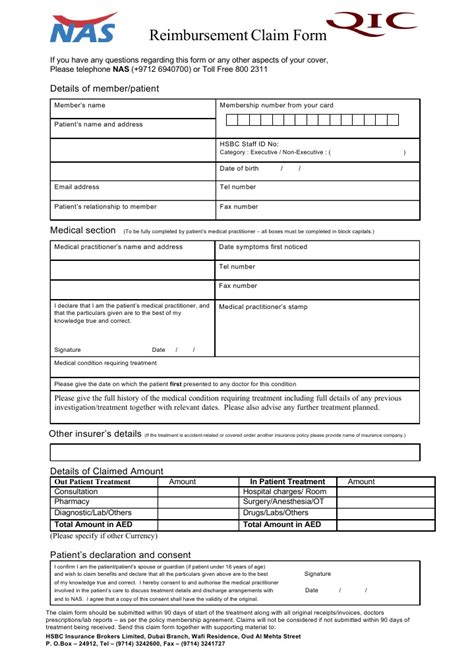 Reimbursement Of Medical Expenses A Completed Claim Form For Hsbc