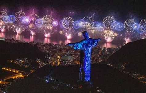 Christ The Redeemer Above Rio De Janeiro During New Years Fireworks