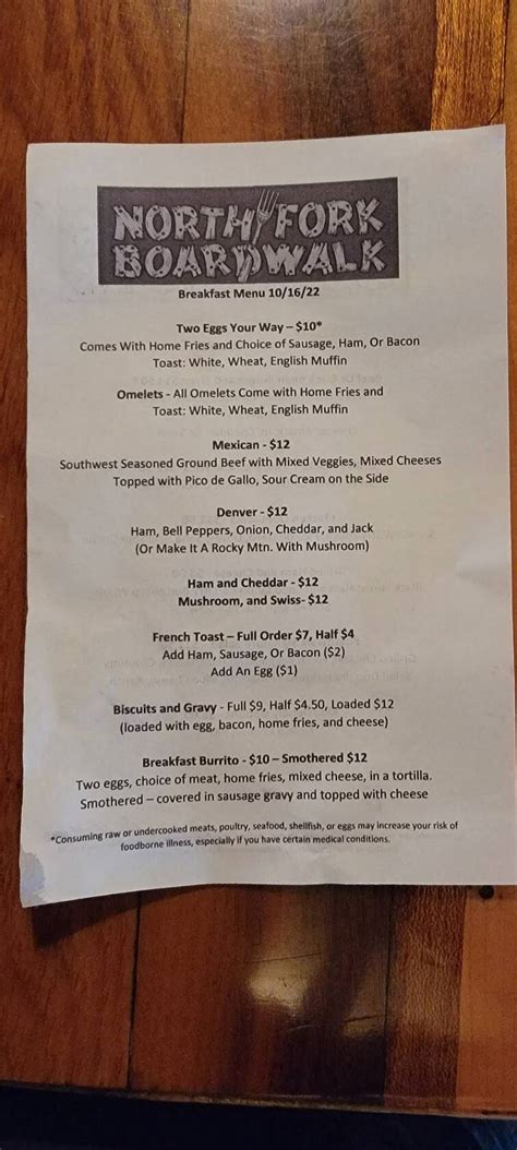 Menu At North Fork Boardwalk Pub And Bar Crawford