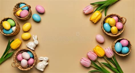 Top Down Easter Scene Eggs Mini Baskets Ceramic Rabbits Tulips On