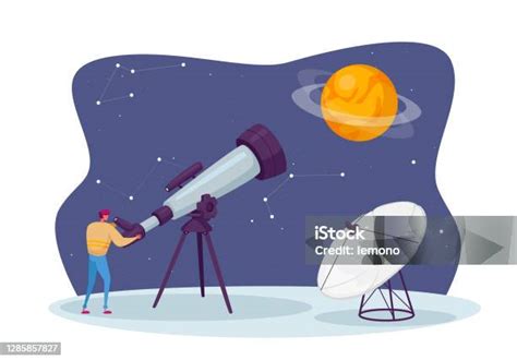 천문학 과학 우주를 연구 하는 망원경에서 우주에 보고 남성 캐릭터 우주 탐사 조사 망원경에 대한 스톡 벡터 아트 및 기타 이미지 망원경 천문학 벡터 Istock