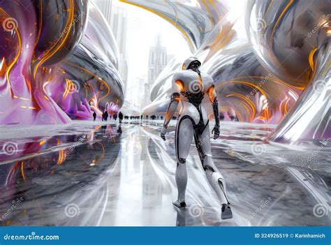 Futuristic Android Exploring a Surreal Metropolis with Fluid Architecture. Exploration of ...