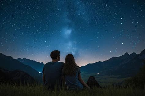 Premium Photo Young Couple Stargazing In A Field Under A Night Sky