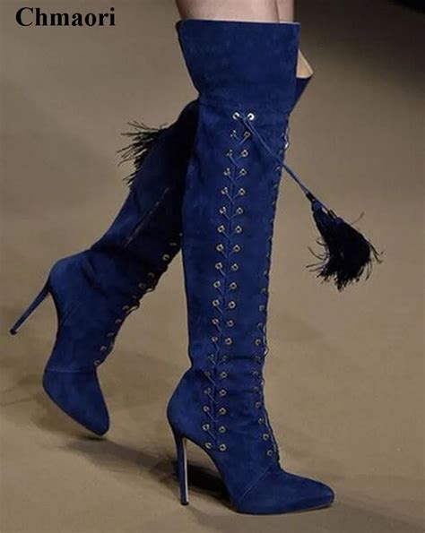 Women Beautiful Pointed Toe Suede Leather Lace Up Tassels Over Knee