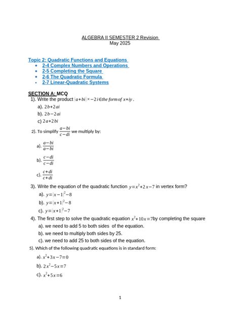 Revision For Algebra Ii Semester 2 2025 Examination Pdf Quadratic Equation Abstract Algebra
