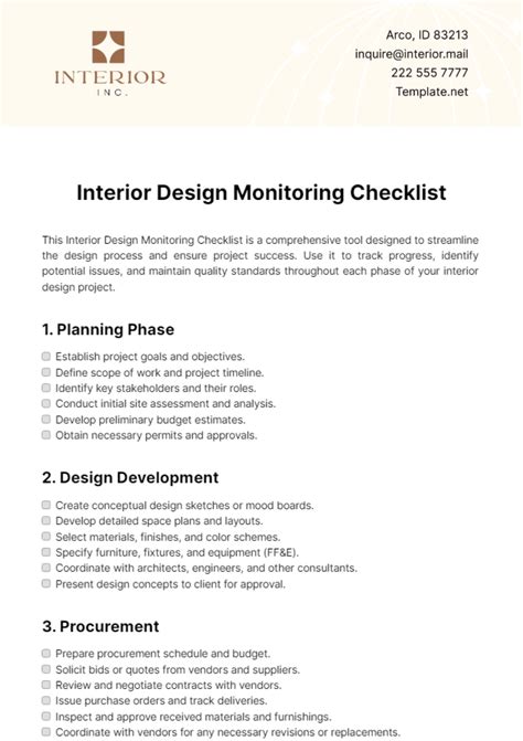 Free Interior Design Monitoring Checklist Template To Edit Online