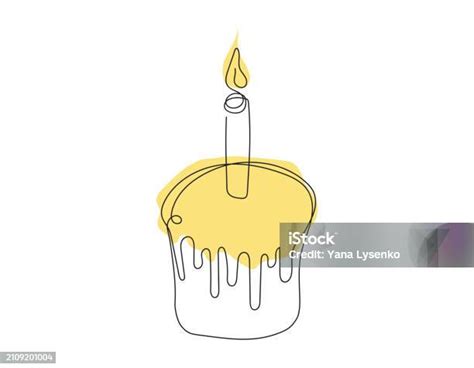 촛불이 켜진 부활절 Kulich 케이크의 연속 한 선 그리기 색깔의 부활절 컵 케이크입니다 생일 케이크 흰색 배경에 고립된 벡터입니다 인사말 스크랩북 인쇄를 위한 디자인