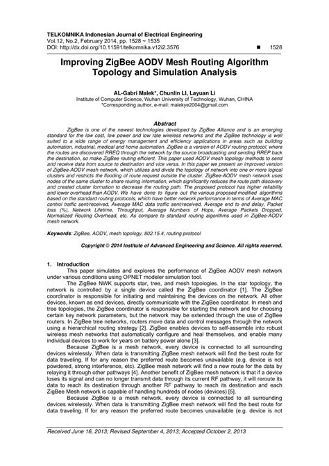 Pdf Improving Zigbee Aodv Mesh Routing Algorithm Topology And