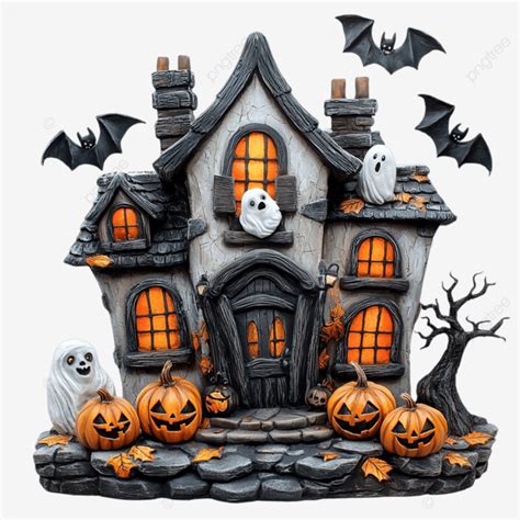 호박이 있는 으스스한 할로윈 집 박쥐 그리고 유령 할로윈 Png 일러스트 및 이미지 에 대한 무료 다운로드 Pngtree