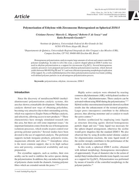 Pdf Polymerization Of Ethylene With Zirconocene Heterogenized On Spherical Zsm 5
