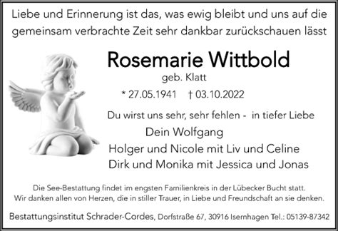 Traueranzeigen Von Rosemarie Wittbold Trauer Anzeigen De
