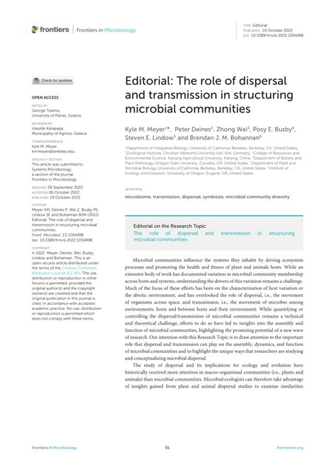Pdf Editorial The Role Of Dispersal And Transmission In Structuring