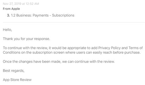 app review rejection terms link must be in subscription screen r