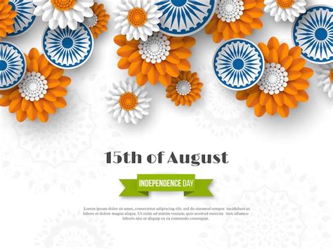 인도 독립 기념일 휴일 디자인 인도 국기의 전통적인 삼색에 꽃이 있는 3d 바퀴 종이 컷 스타일 흰색 배경 벡터 일러스트 레이 션입니다 무료 벡터