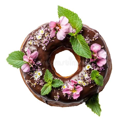 Donut With Chocolate Glaze Decorated With Colorful Edible Flowers And