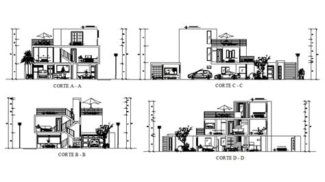 All Sided Sectional Details Of Two Level House Dwg File