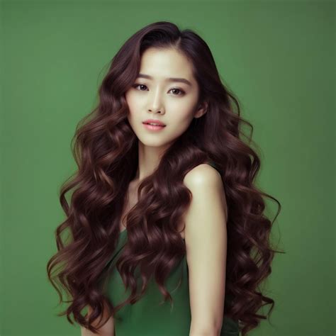 얼굴에 한국 메이크업 스타일과 완벽한 깨끗한 피부를 가진 젊은 아시아 아름다움 여자 곱슬 긴 머리 프리미엄 사진
