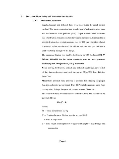 2 1 Ducts And Pipes Sizing And Insulation Specification 2 5 1 Duct Size Calculation Pdf Duct