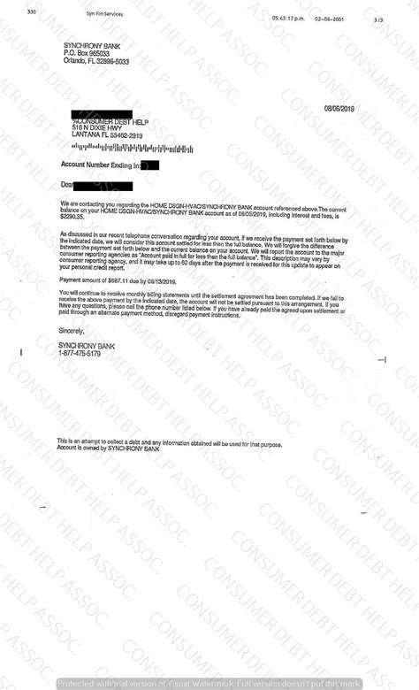 Settlement Letter From Home Design Synchrony Bank Consumer Debt Help