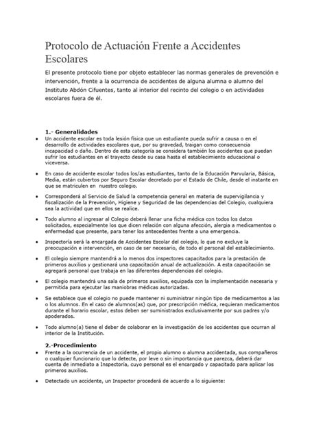 Protocolo De Actuación Frente A Accidentes Escolares 2 Pdf Primeros