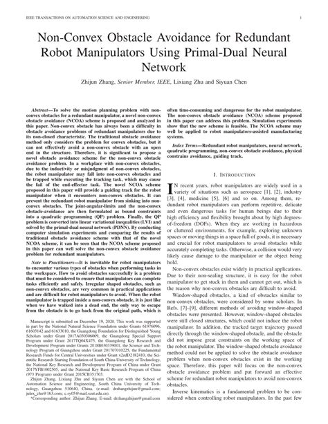 pdf non convex obstacle avoidance for redundant robot manipulators